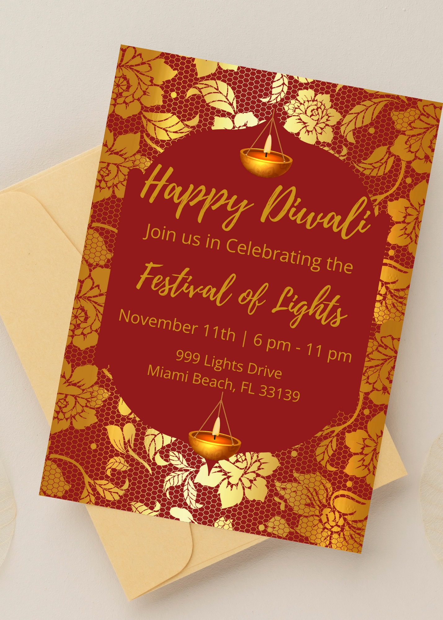 Red and Gold Diwali Invitation, Festival of Lights Celebration, Diwali ...
