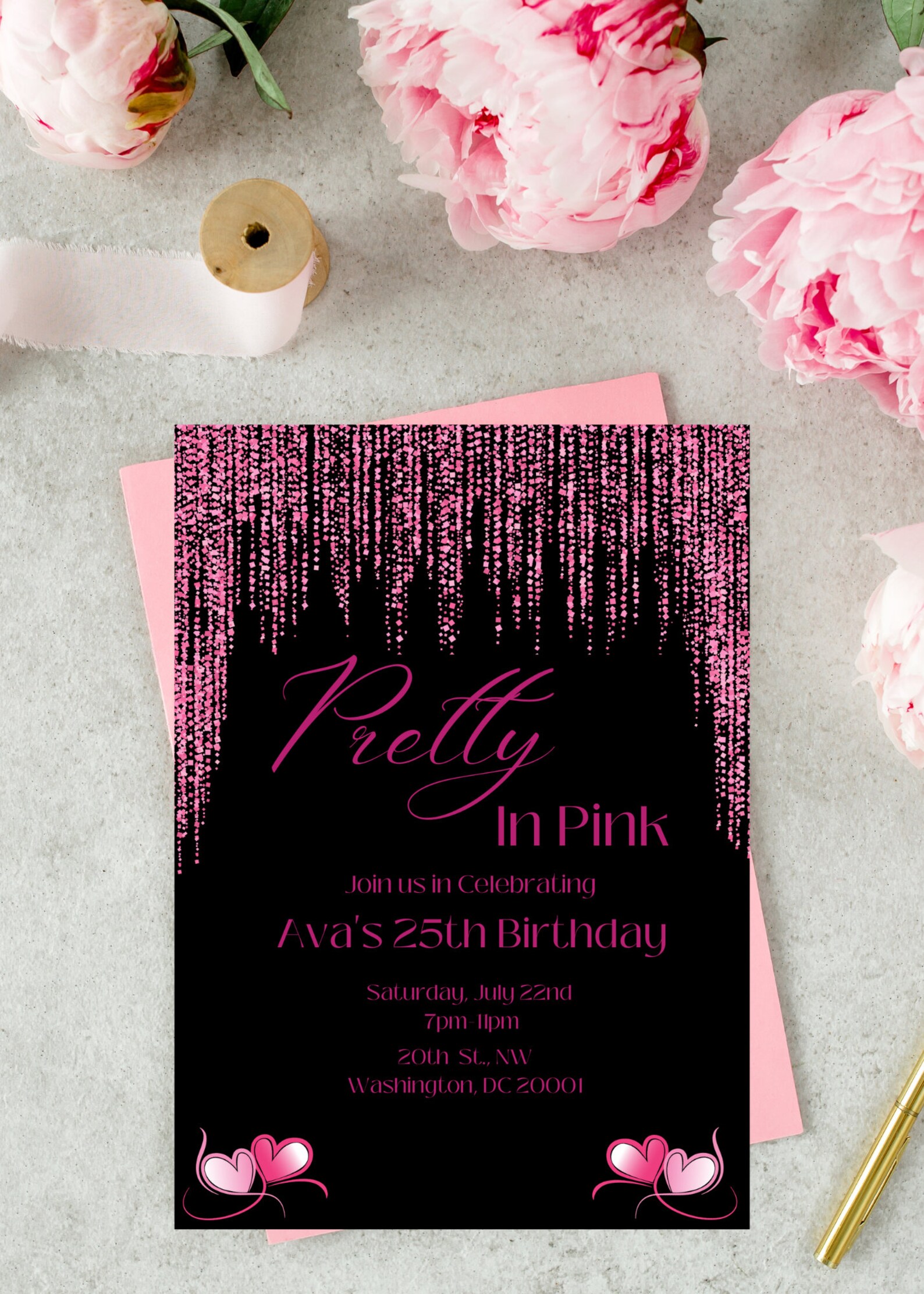 Pretty in Pink Birthday Invitation, Birthday Invitation, Pink and Black ...