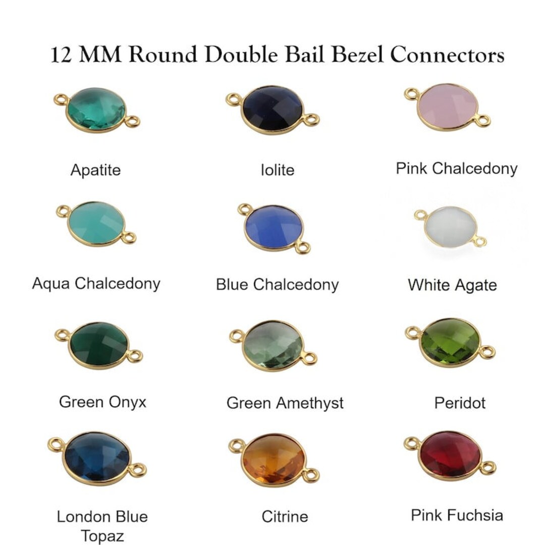 Double Bail Loop Connectors, 12 MM Round Shape Birthstone Bezel ...