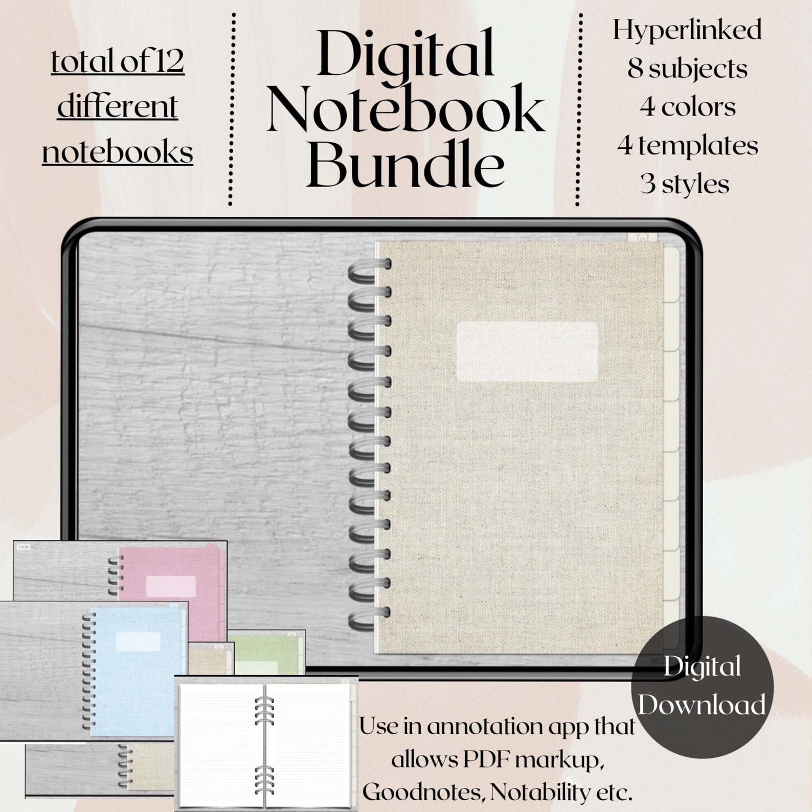 Digital Notebook Bundle | Realistic Hyperlinked Horizontal Notebook ...