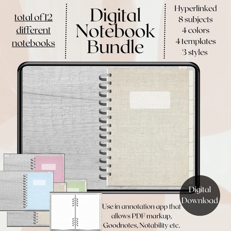 Digital Notebook Bundle | Realistic Hyperlinked Horizontal Notebook ...