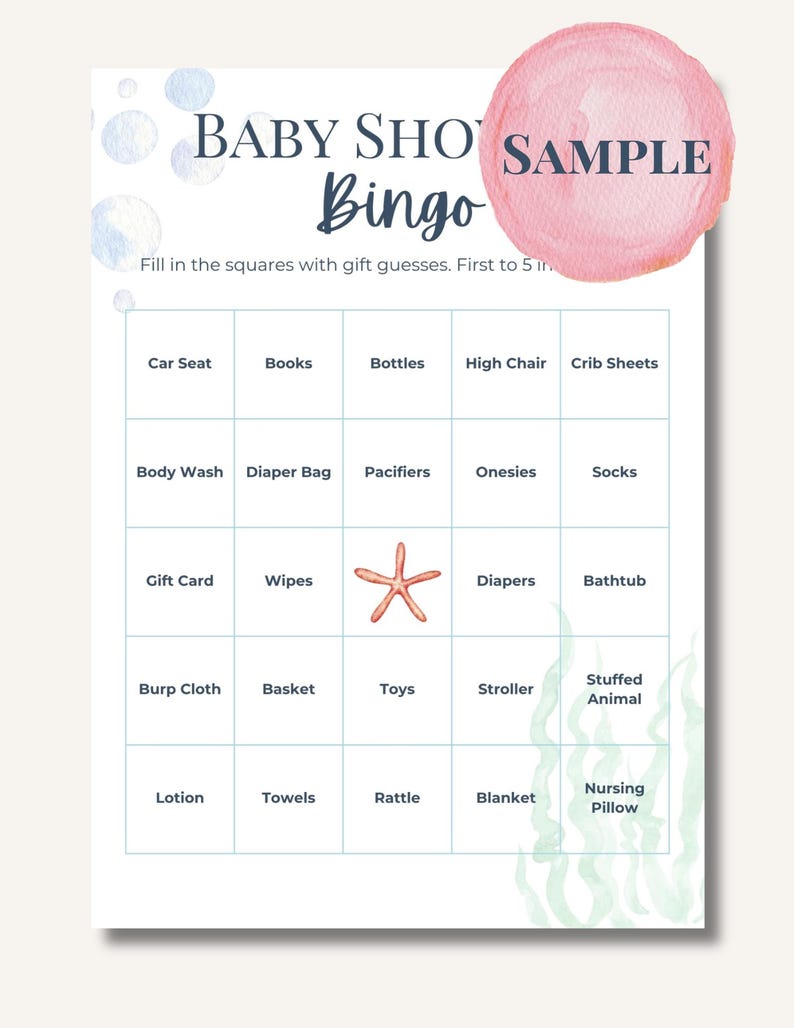 Baby Shower Bingo Printable Game, Ocean Theme Baby Shower Activity ...