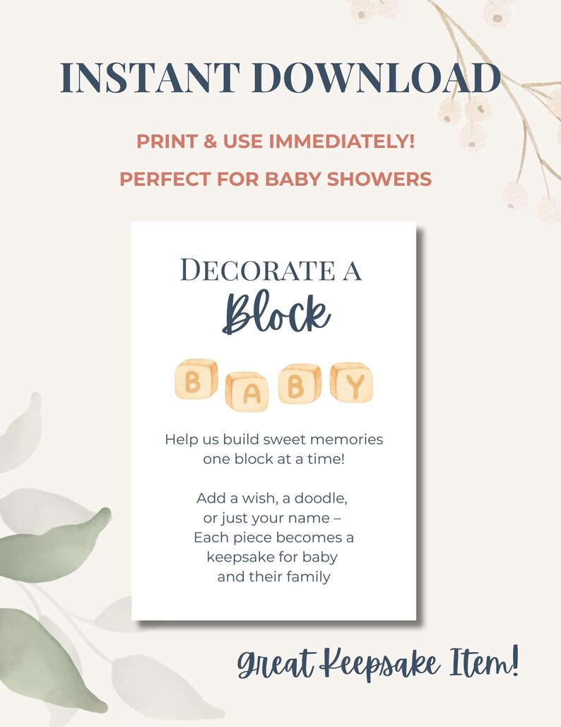 Decorate a Block Sign Printable, Baby Shower Activity Keepsake, Neutral ...