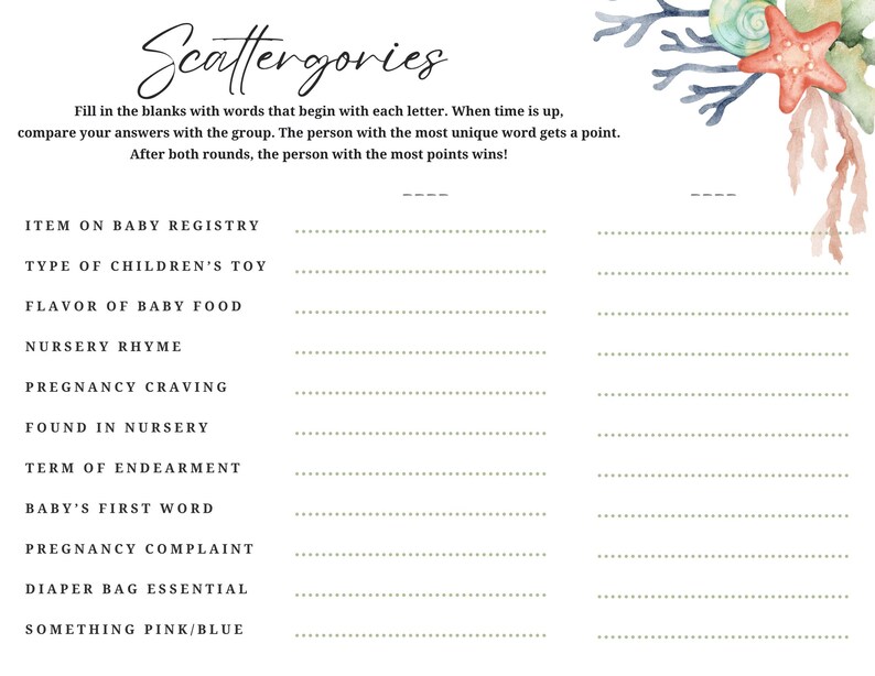 Scattergories Baby Shower Game, Baby Shower Group Activity, Under the ...