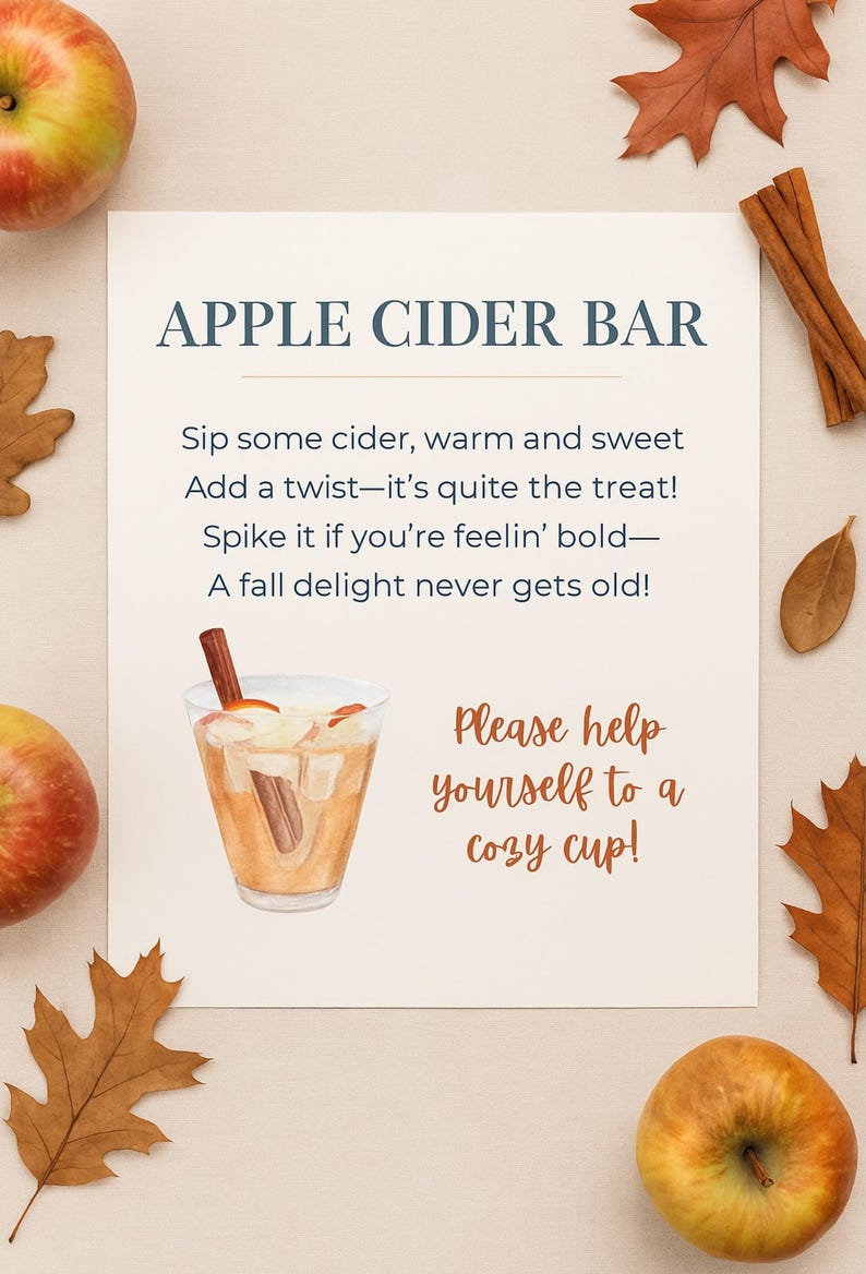 Apple Cider Bar Sign Printable, Fall Baby Shower or Autumn Party Decor ...