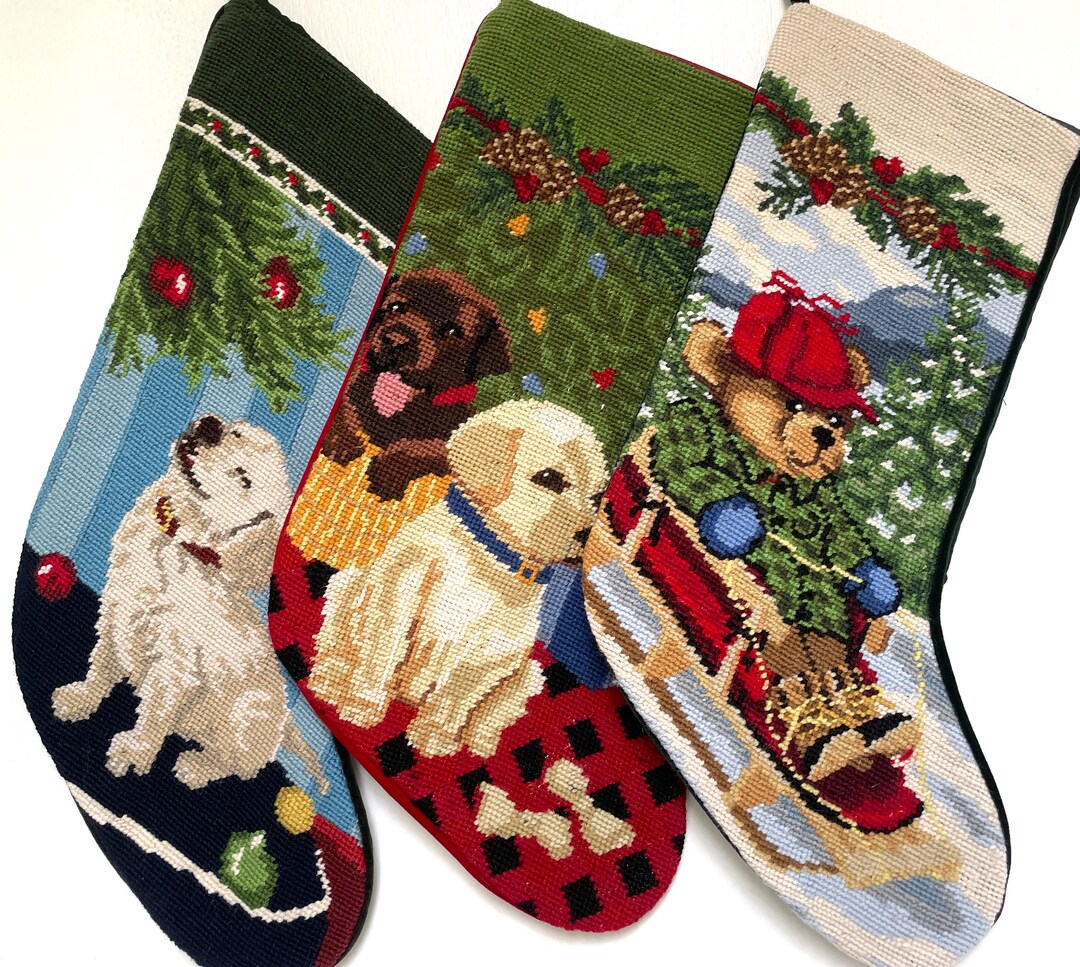 Handmade Wool Needlepoint Christmas Stockings for Dog, Pet Embroidered ...
