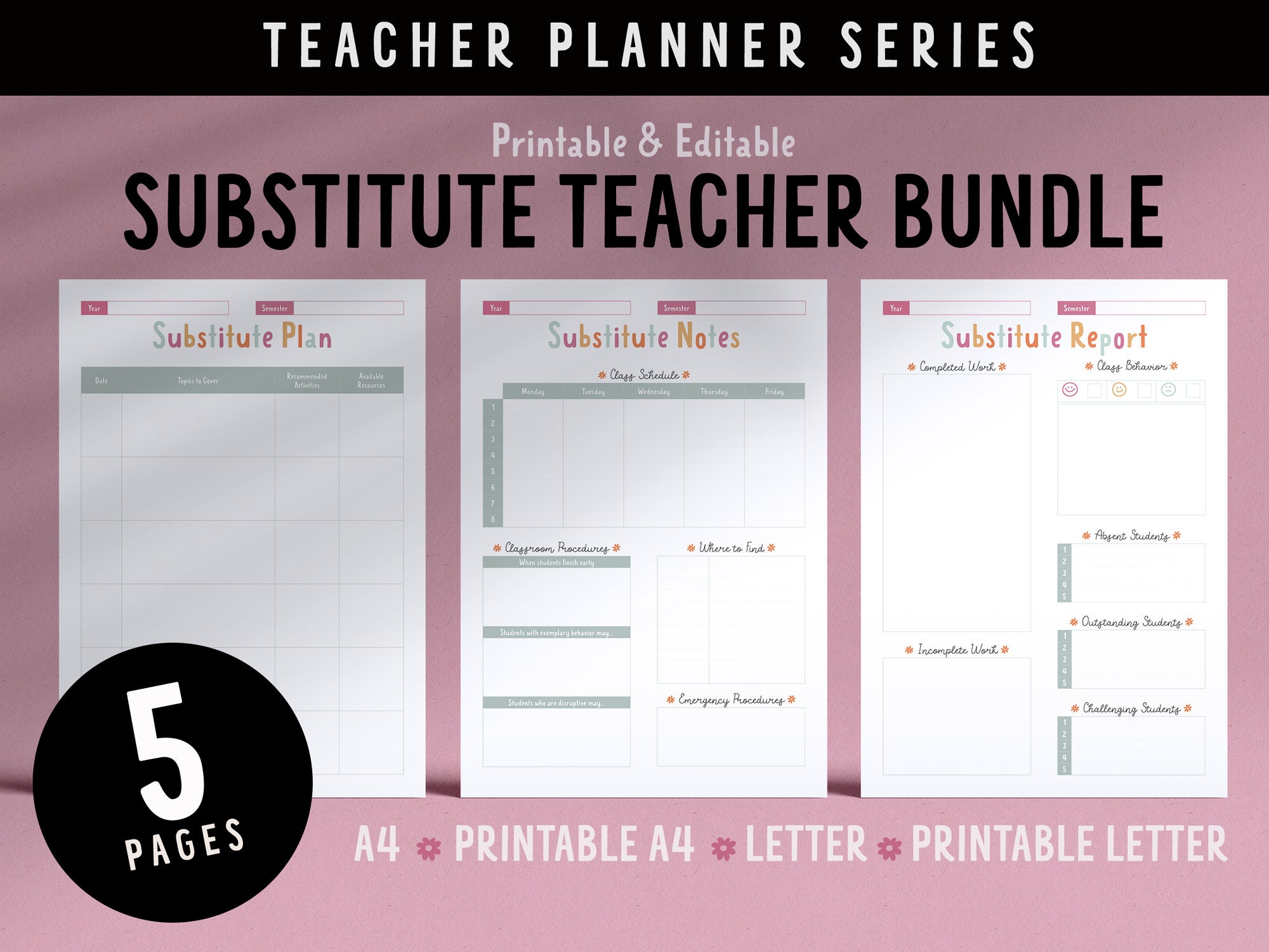 Fillable Printable Substitute Plan, Substitute Notes and Substitute ...