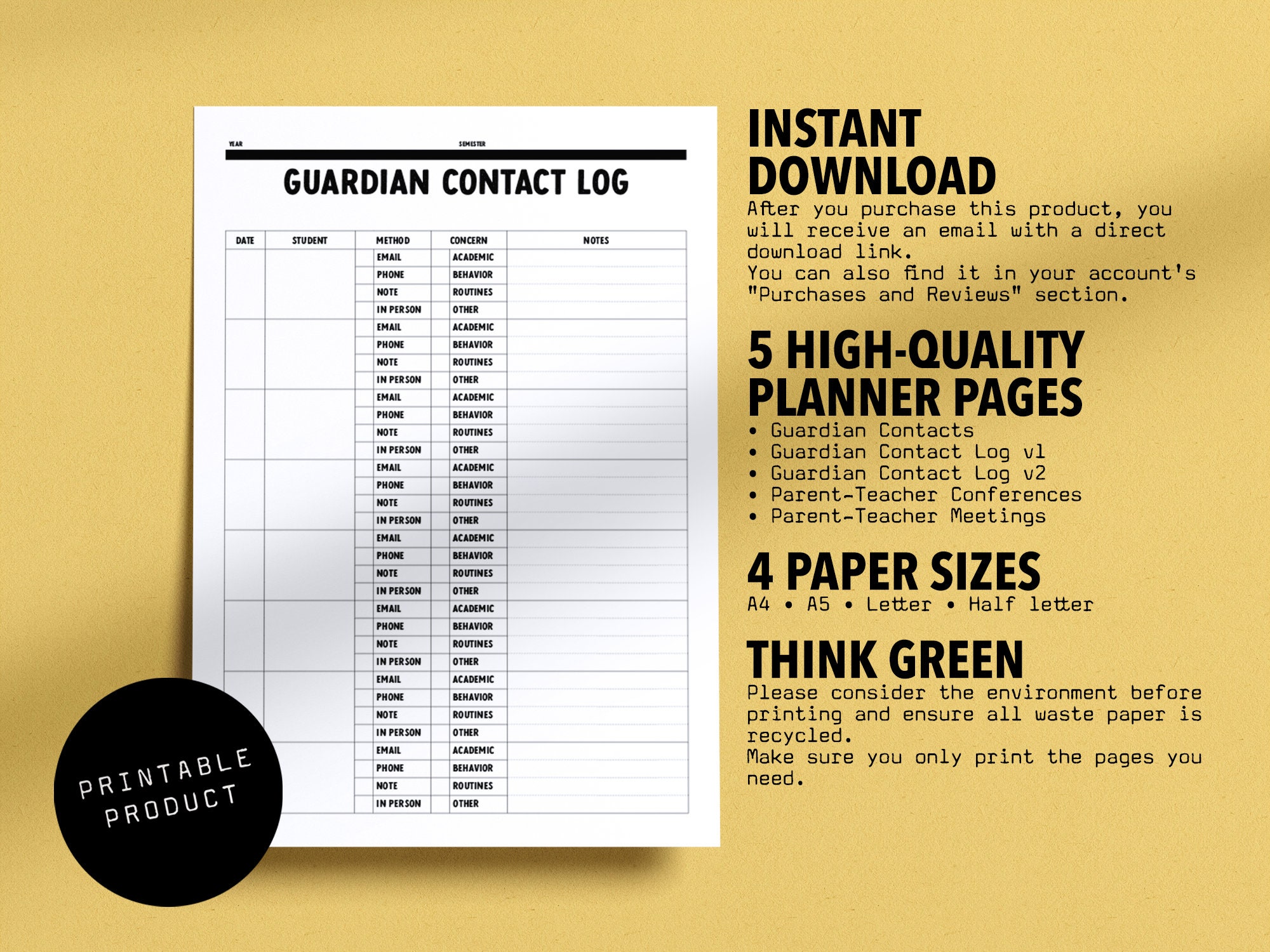 Printable Teacher-parent Communication Planner Pages for Teachers // A4 ...