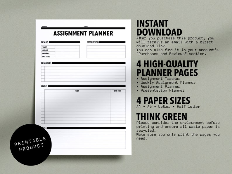 Printable Academic Assignment Planner Pages for Students // A4 + A5 ...