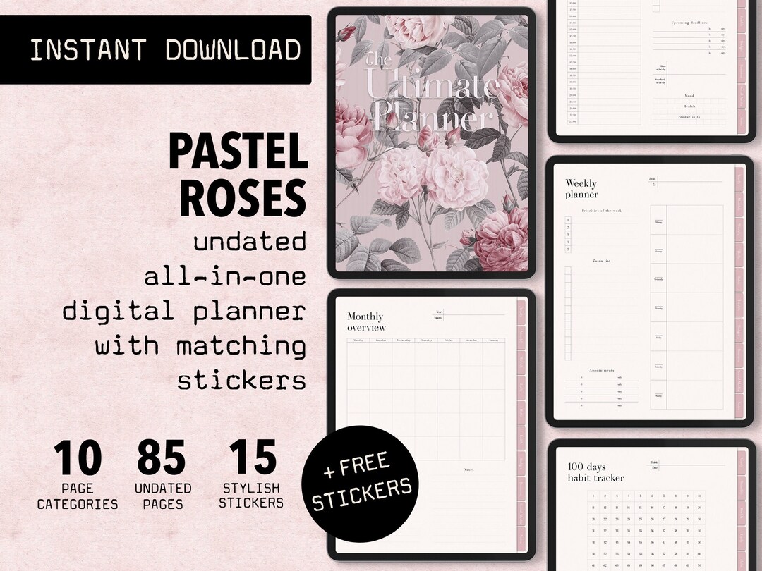 Floral Undated Digital Planner - Pastel Rose Edition - Etsy
