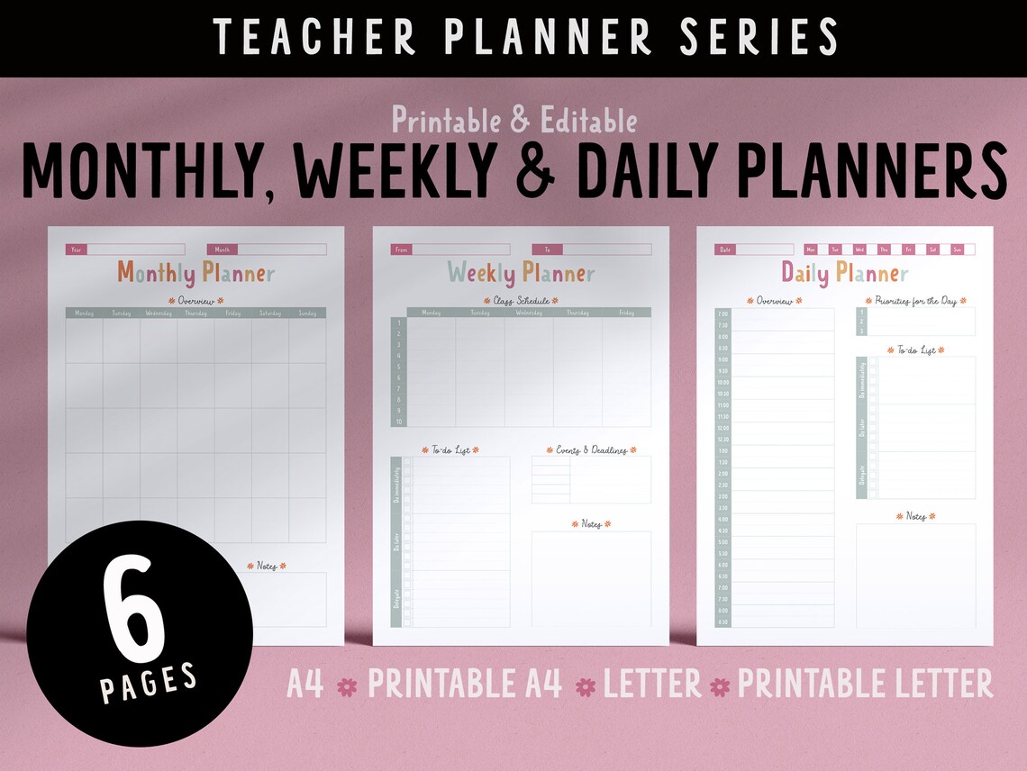 Fillable Printable Monthly, Weekly and Daily Planner Pages for Teachers ...