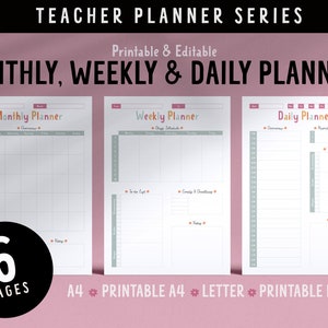 Fillable Printable Monthly, Weekly and Daily Planner Pages for Teachers ...