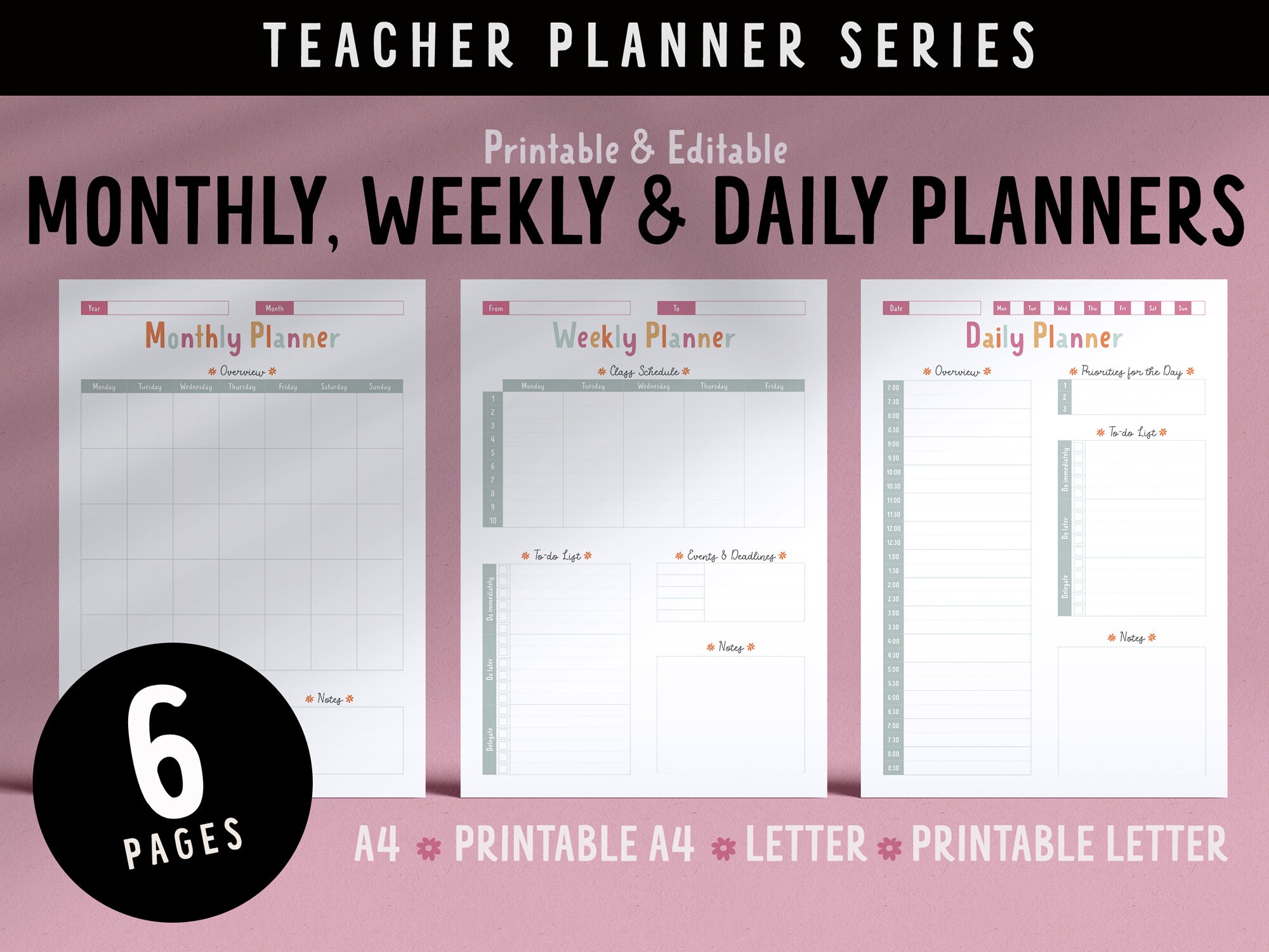 Fillable Printable Monthly, Weekly and Daily Planner Pages for Teachers ...