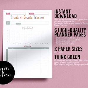 Printable Grade and Behavior Tracker Planner Pages for Teachers // 6 ...