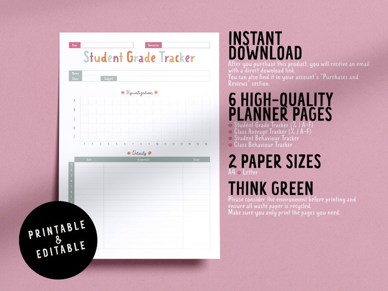 Printable Grade and Behavior Tracker Planner Pages for Teachers // 6 ...