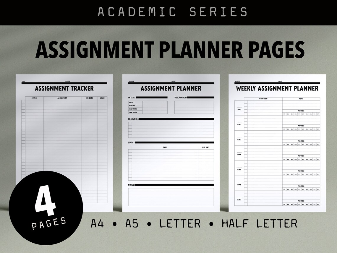 Printable Academic Assignment Planner Pages for Students // A4 + A5 ...