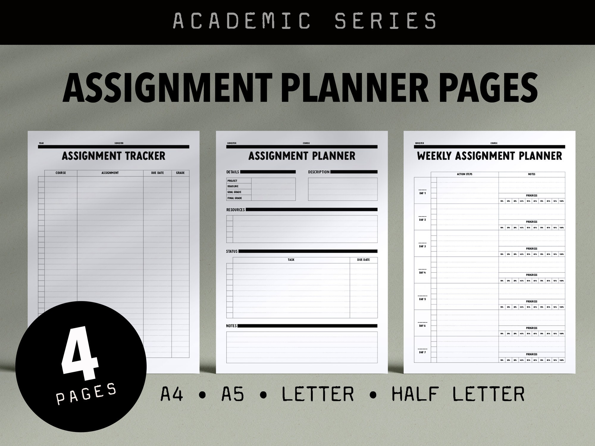 Printable Academic Assignment Planner Pages for Students // A4 + A5 ...