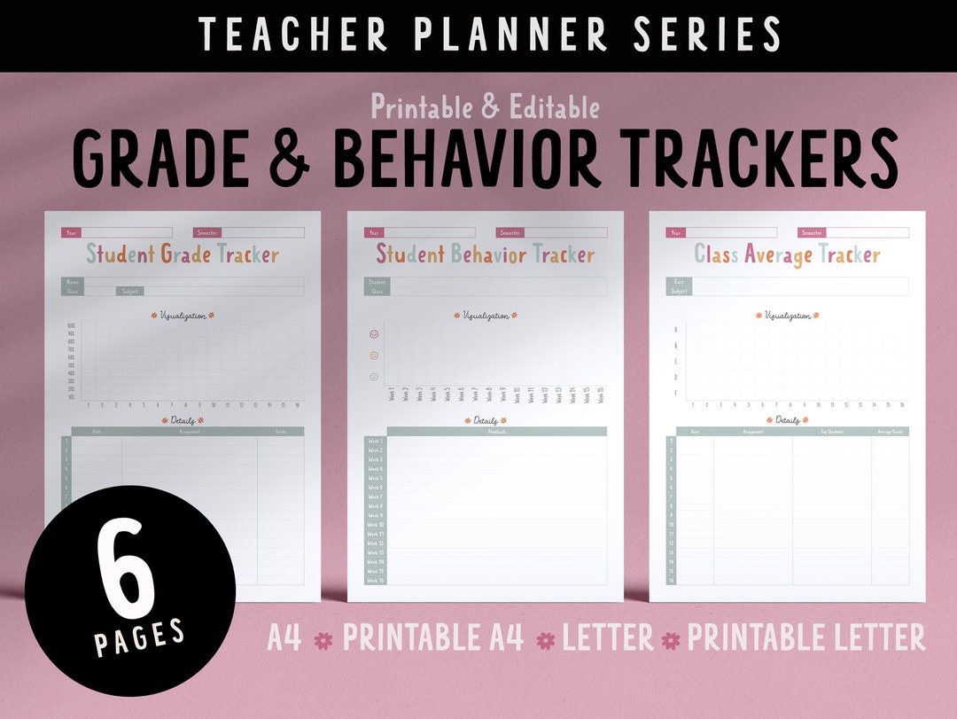 Printable Grade and Behavior Tracker Planner Pages for Teachers // 6 ...