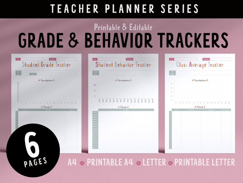 Printable Grade and Behavior Tracker Planner Pages for Teachers // 6 ...