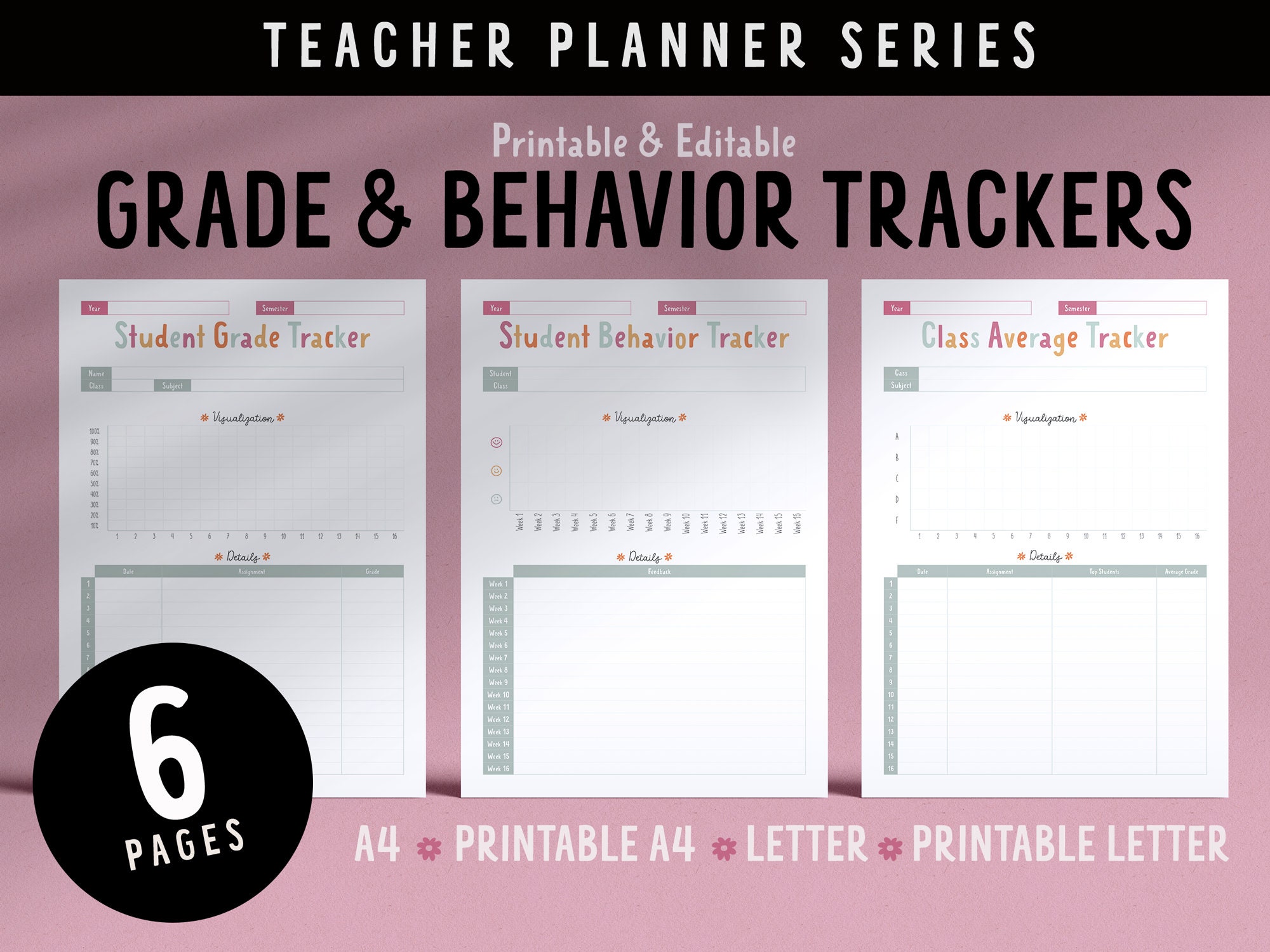 Printable Grade and Behavior Tracker Planner Pages for Teachers // 6 ...