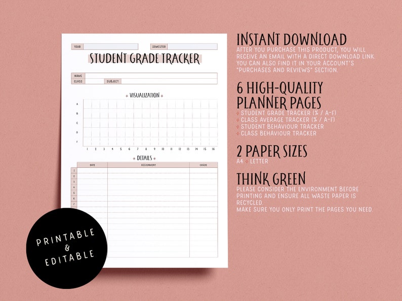 Printable Grade and Behavior Tracker Planner Pages for Teachers // 6 ...