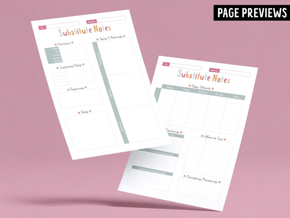 Fillable Printable Substitute Plan, Substitute Notes and Substitute ...