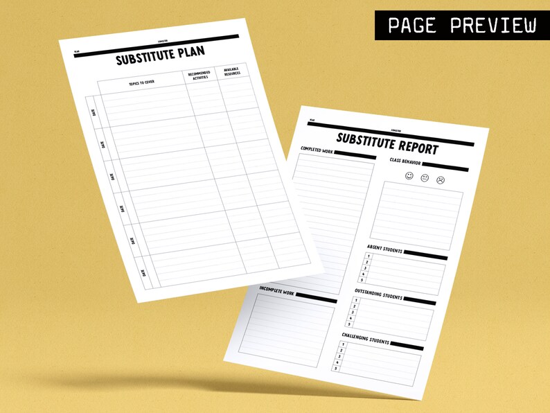 Printable Substitute Plan, Substitute Notes and Substitute Report ...