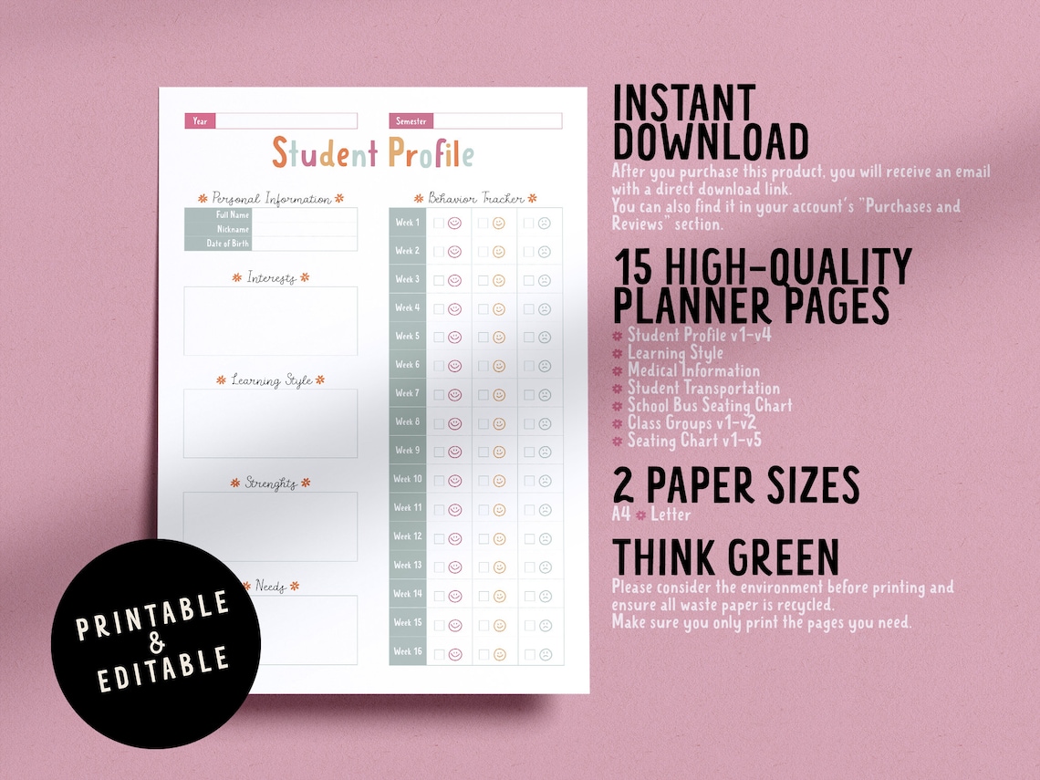 Fillable Printable Student Profile, Student List and Seating Chart ...