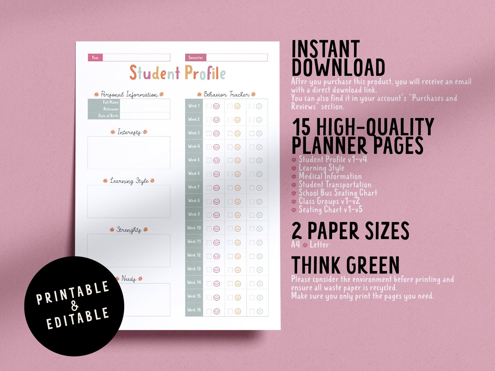 Fillable Printable Student Profile, Student List and Seating Chart ...