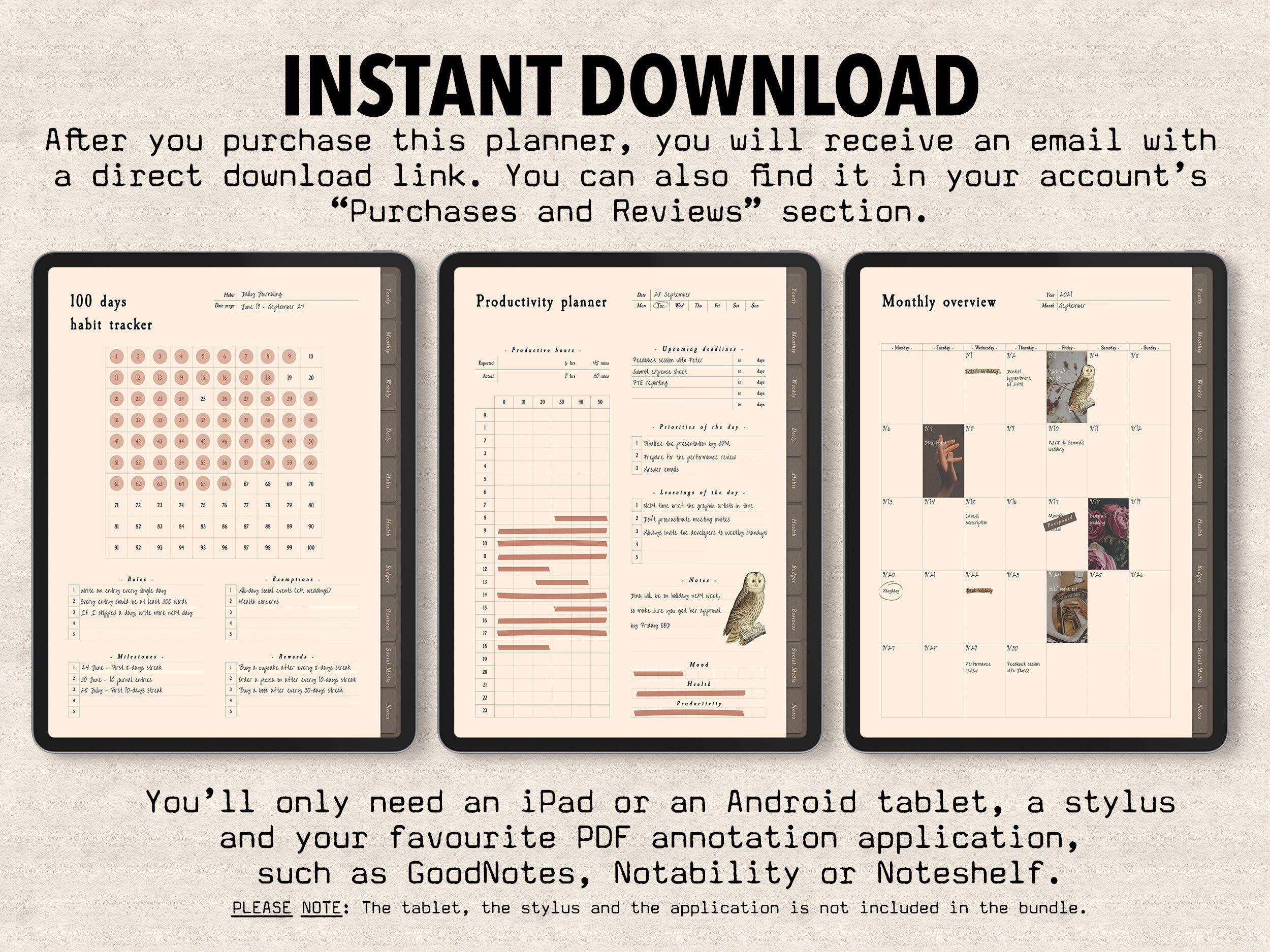 Dark Academia Inspired Undated Digital Planner - Owl Edition - Etsy