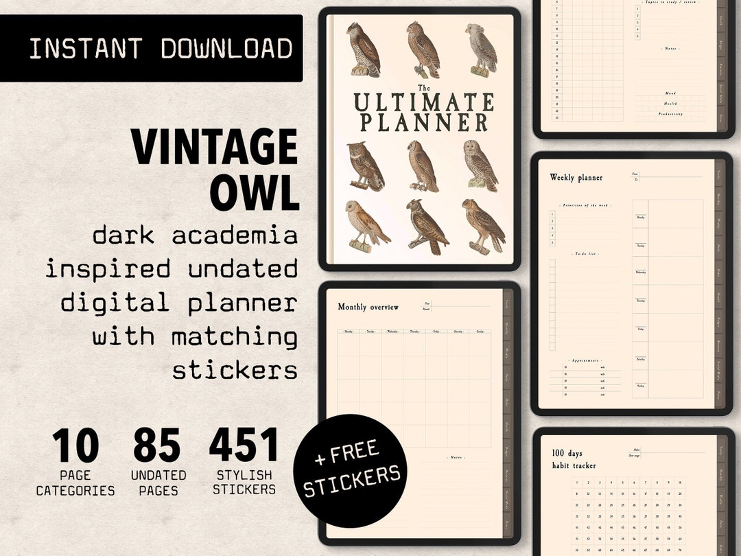 Dark Academia Inspired Undated Digital Planner - Owl Edition - Etsy