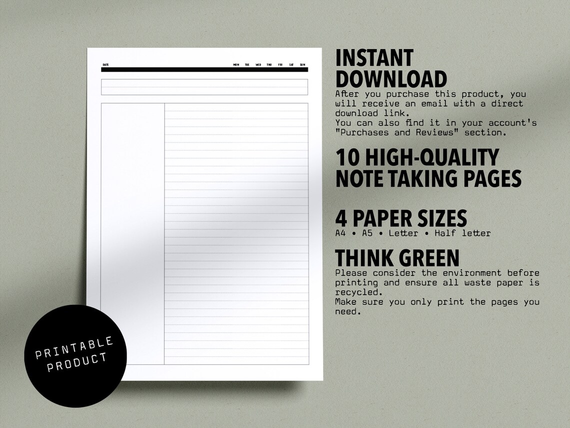 Printable Note Taking Pages for Students // A4 A5 Letter Half-letter - Etsy