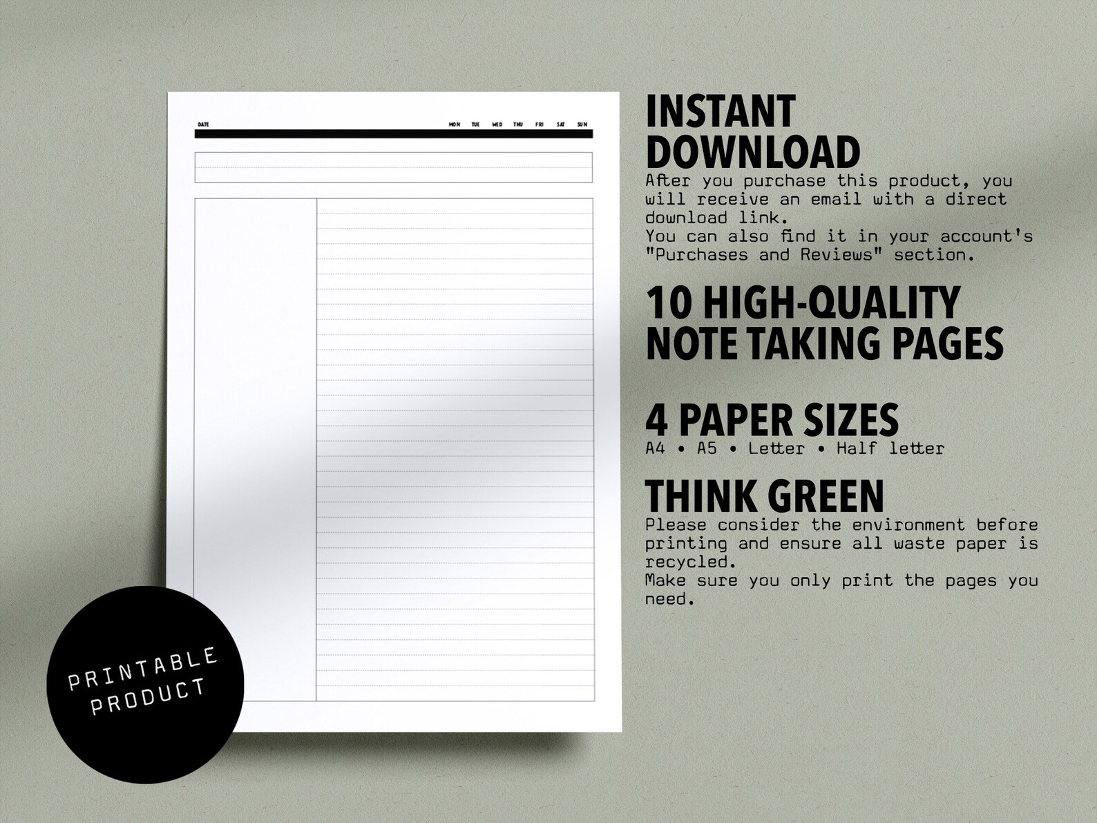Printable Note Taking Pages for Students // A4 + A5 + Letter + Half ...