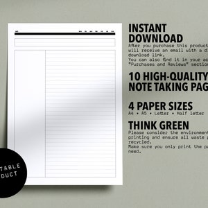 Printable Note Taking Pages for Students // A4 + A5 + Letter + Half ...