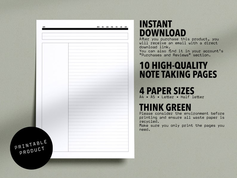 Printable Note Taking Pages for Students // A4 + A5 + Letter + Half ...