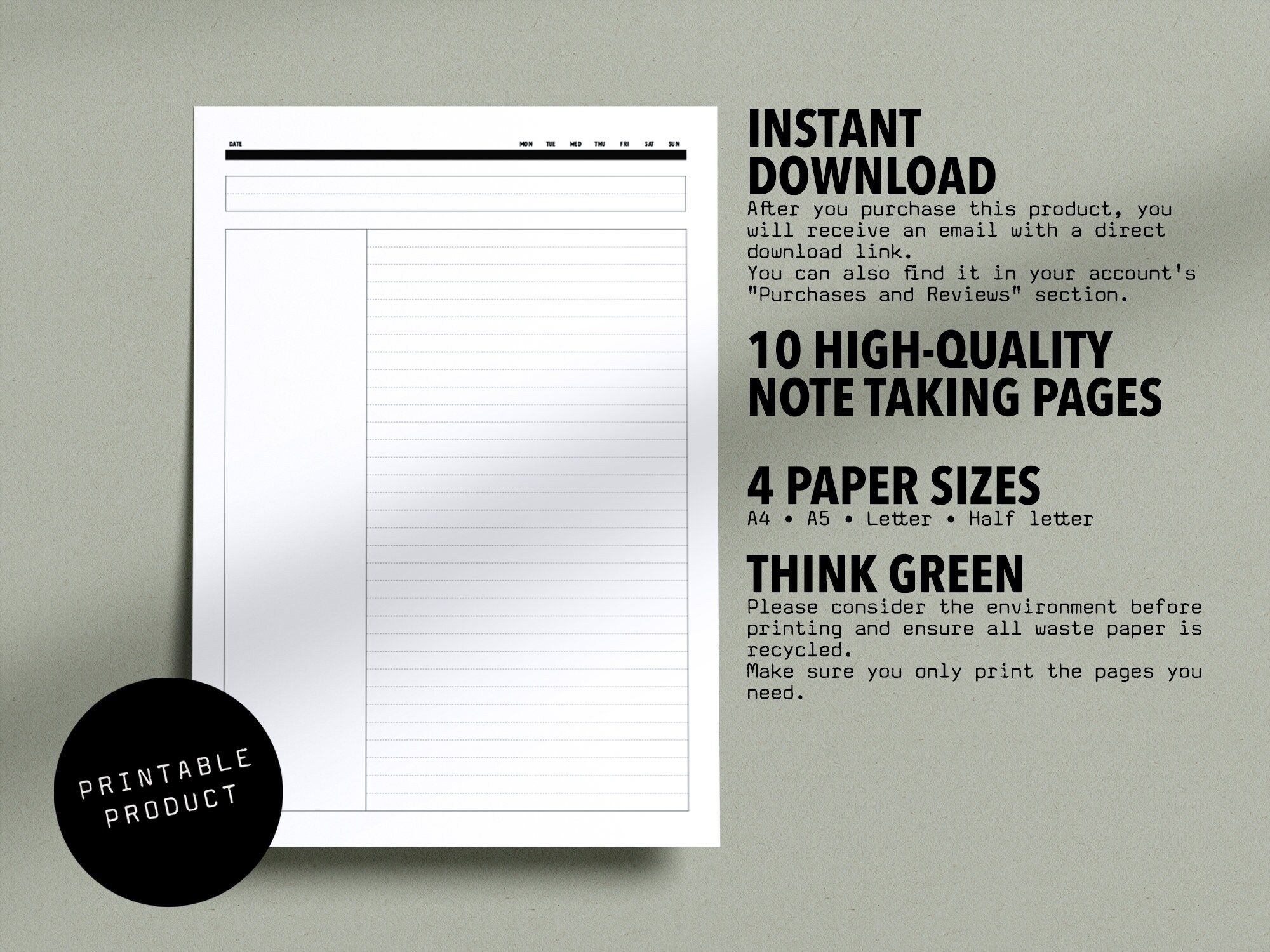 Printable Note Taking Pages for Students // A4 A5 Letter Half-letter - Etsy