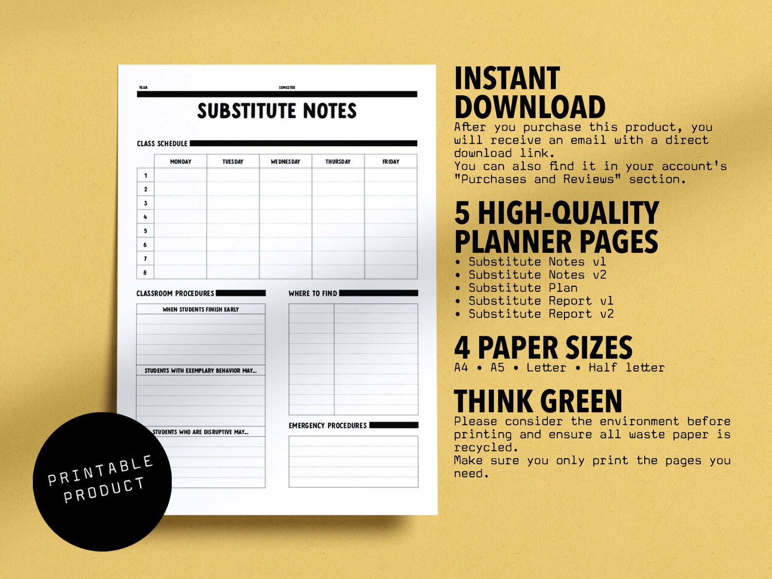 Printable Substitute Plan Substitute Notes and Substitute - Etsy