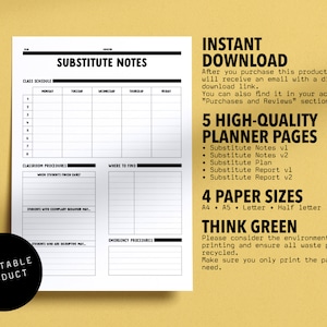Printable Substitute Plan, Substitute Notes and Substitute Report ...