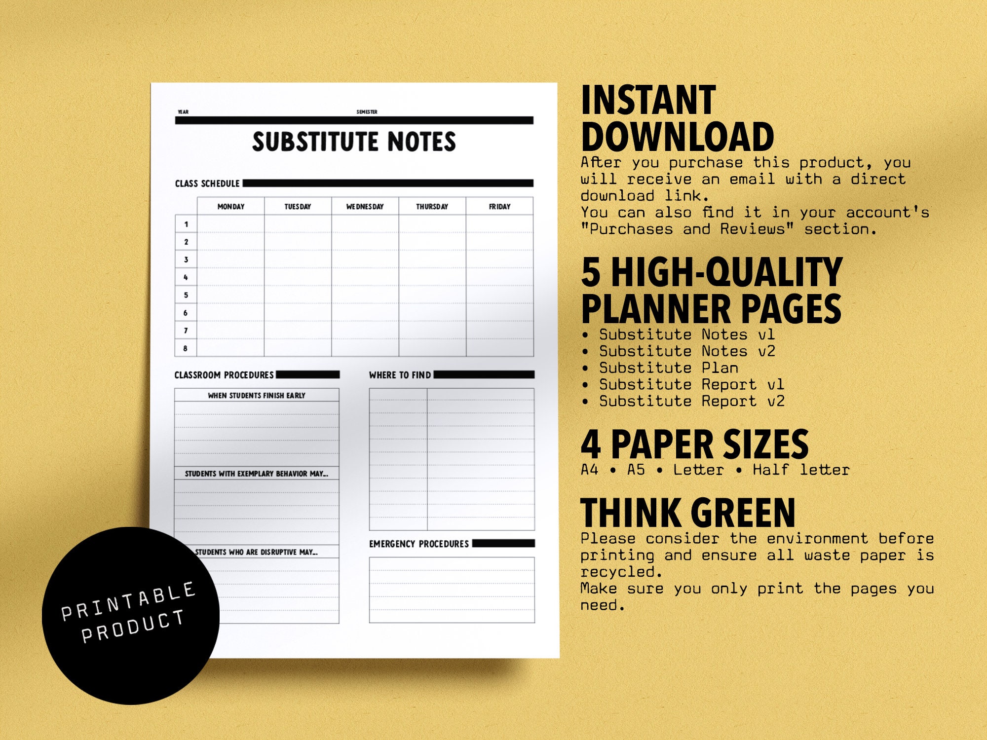 Printable Substitute Plan, Substitute Notes and Substitute Report ...