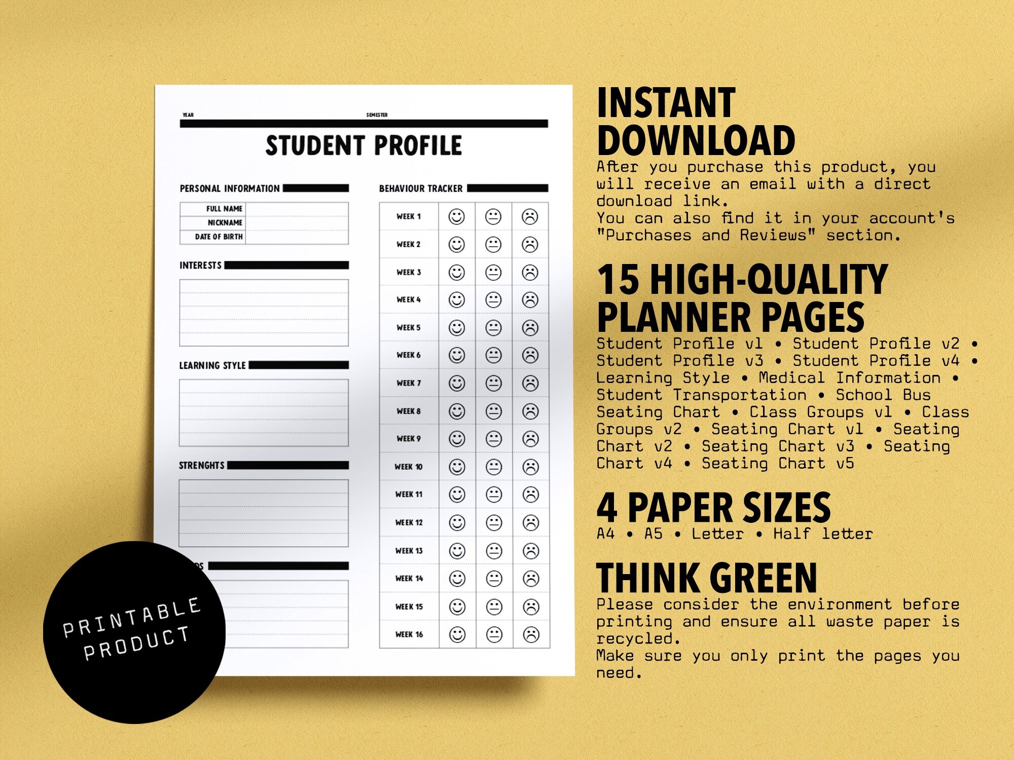 Printable Student Profile, Student List and Seating Chart Templates for ...