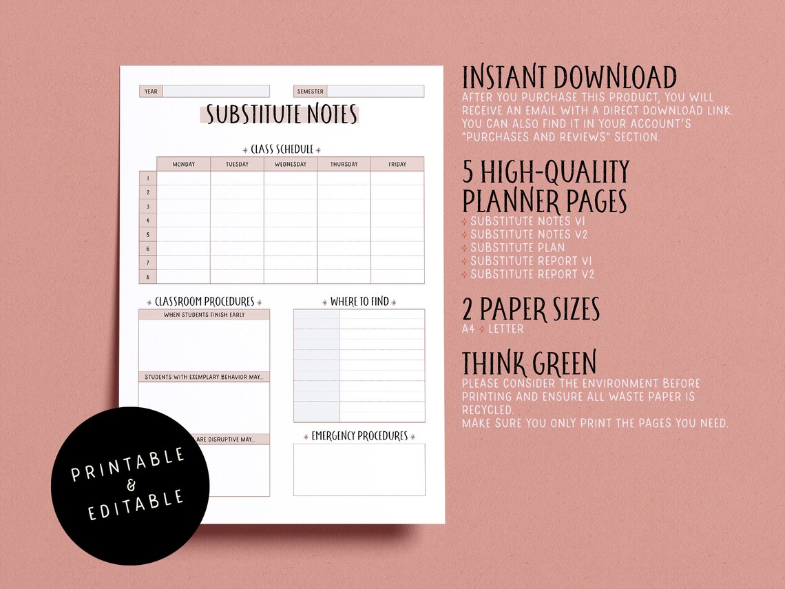 Fillable Printable Substitute Plan, Substitute Notes and Substitute ...