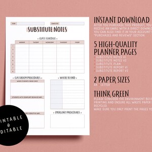 Fillable Printable Substitute Plan, Substitute Notes and Substitute ...