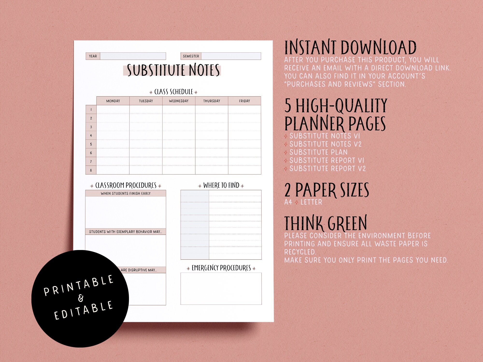 Fillable Printable Substitute Plan, Substitute Notes and Substitute ...