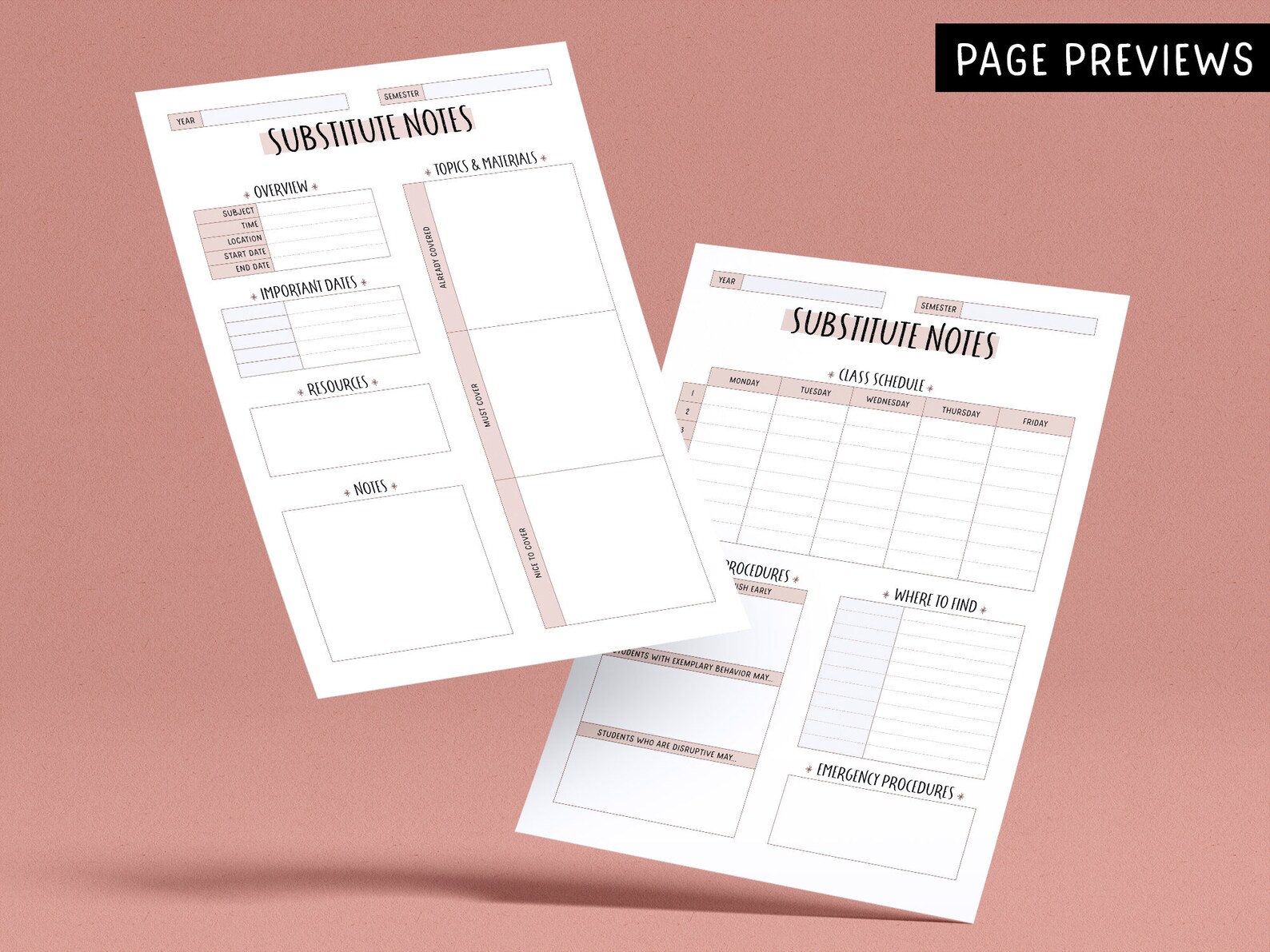 Fillable Printable Substitute Plan, Substitute Notes and Substitute ...