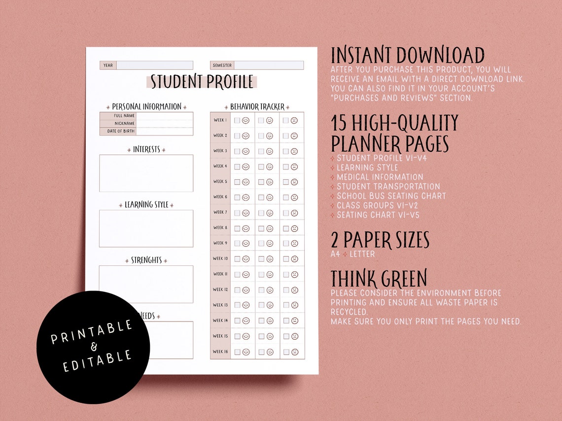 Fillable Printable Student Profile Student List and Seating - Etsy
