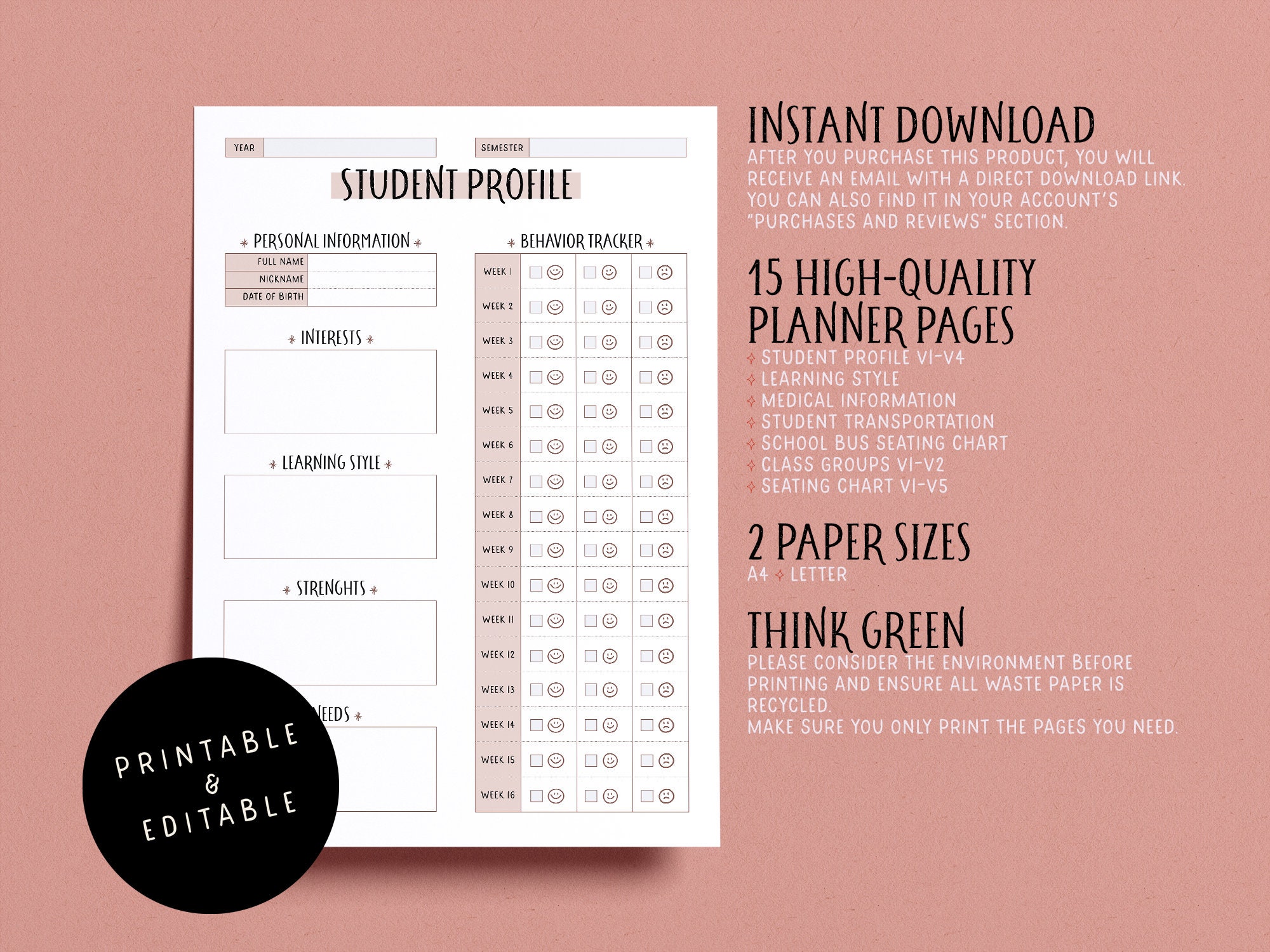Fillable Printable Student Profile, Student List and Seating Chart ...