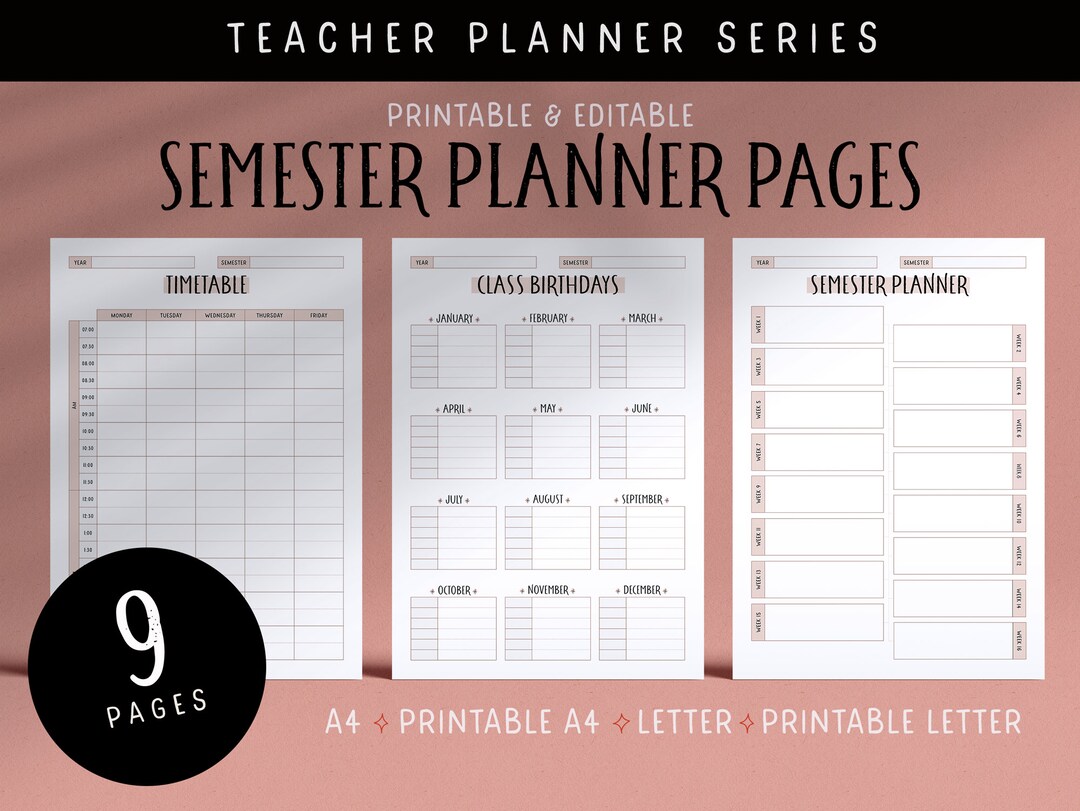 Fillable Printable Semester Planner Pages for Teachers // 9 Pages // A4 ...