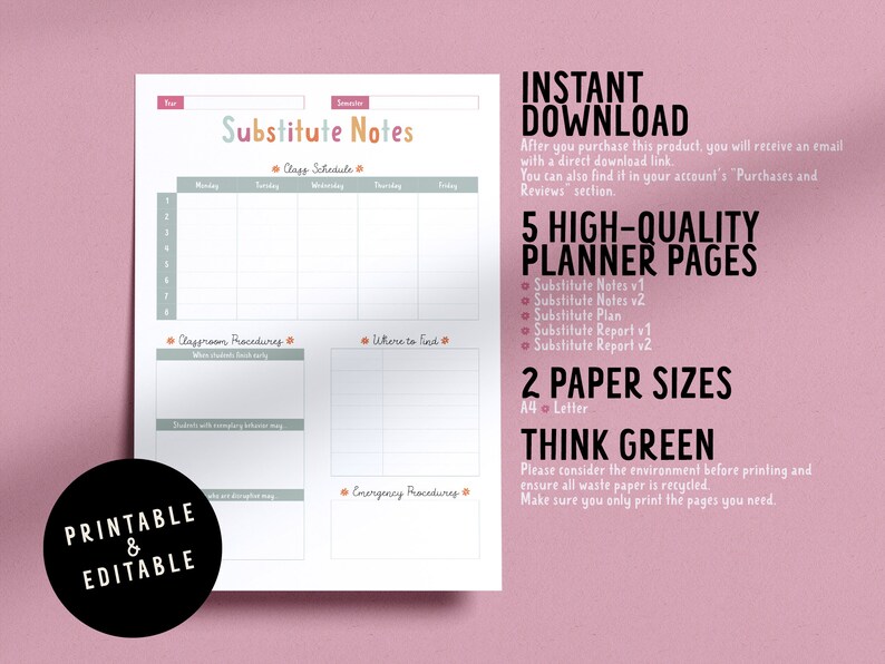 Fillable Printable Substitute Plan, Substitute Notes and Substitute ...