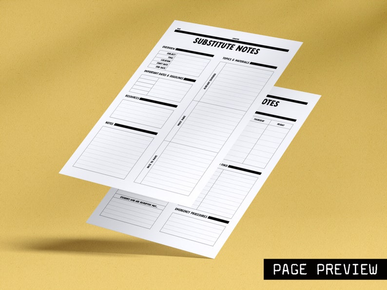 Printable Substitute Plan, Substitute Notes and Substitute Report ...