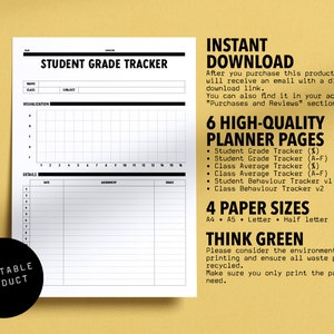 Printable Grade and Behavior Tracker Planner Pages for Teachers // A4 ...